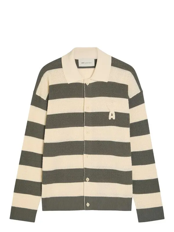 Ami Logo-appliquéd Striped Fine-knit Cotton Shirt - White
