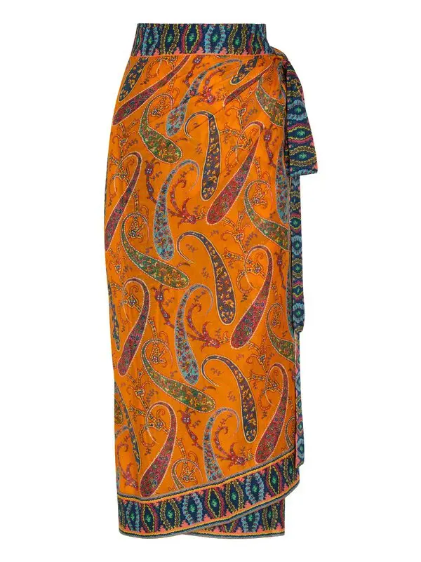Etro Cotton Midi Wrap Sarong Skirt - Orange