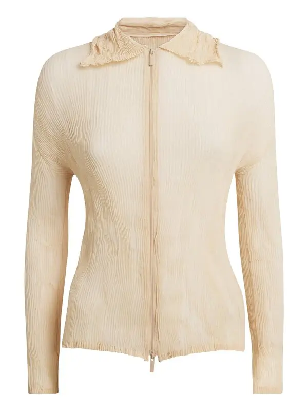 Issey Miyake Chiffon Twist Pleats Zip Cardigan - Beige