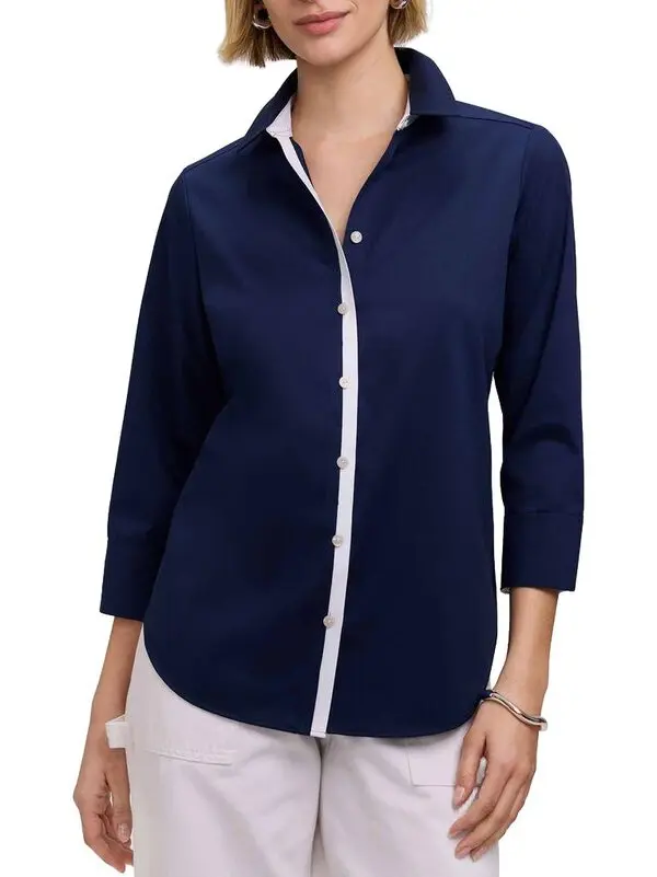 Foxcroft Contrast Trim Cotton-blend Button-up Shirt - Navy