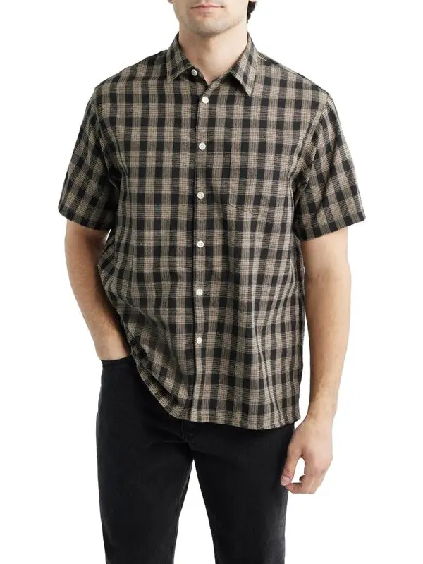 925 ORIGINALS Office Woven Check Short Sleeve Cotton Button-up Shirt - Black