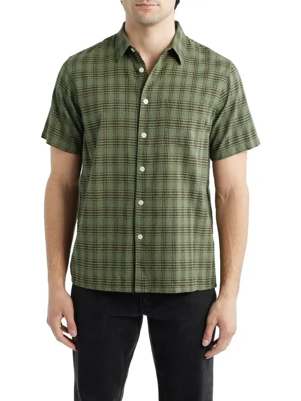925 ORIGINALS Office Woven Check Short Sleeve Cotton Button-up Shirt - Green
