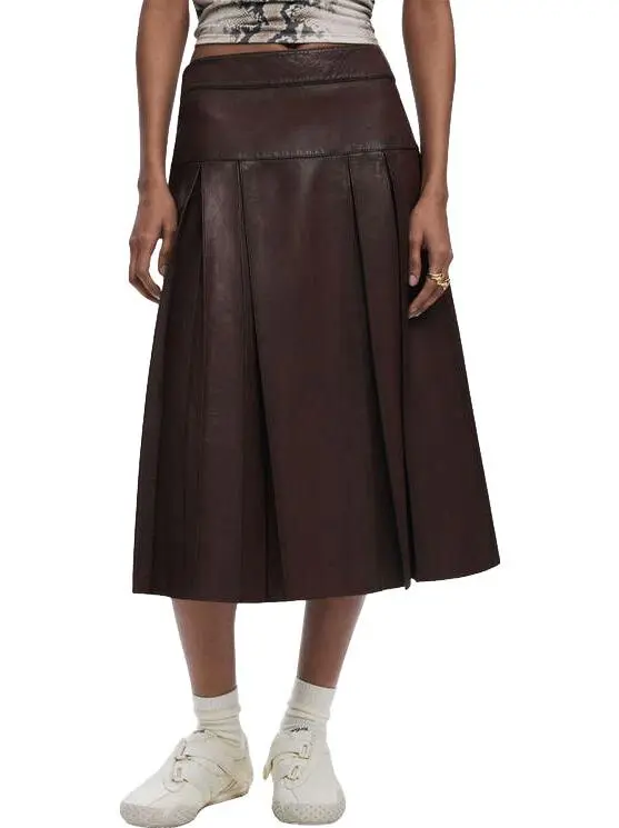 Desigual Pleated Leather Midi Skirt - Brown