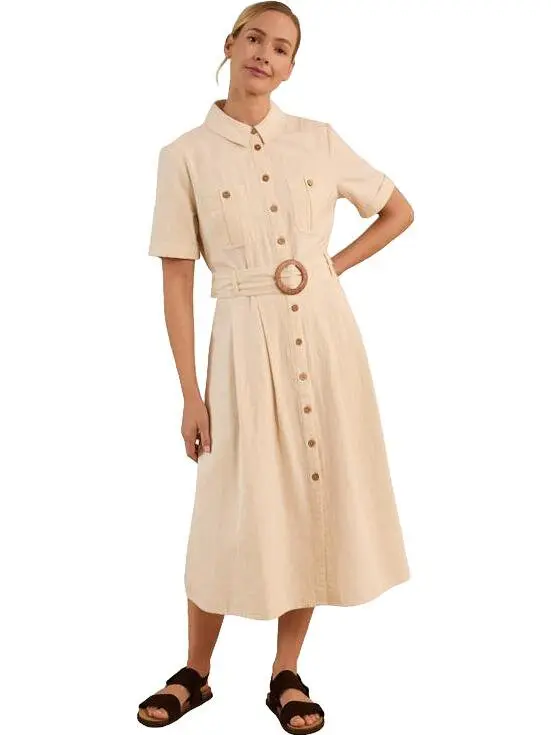 CELTIC & CO. Belted Safari Midi Shirt Dress - Undyed Oatmeal