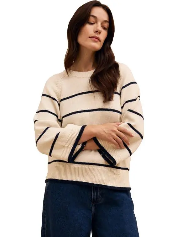 CELTIC & CO. Breton Stripe Cotton Raglan Crew Sweater - Ecru Stripe