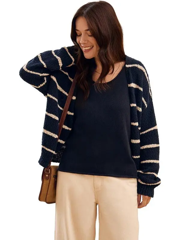CELTIC & CO. Long Sleeve Drop Stitch Cardigan - Navy/ecru