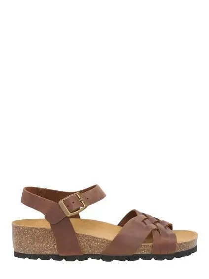 CELTIC & CO. Woven Detail Low Wedge Leather Sandal - Cognac