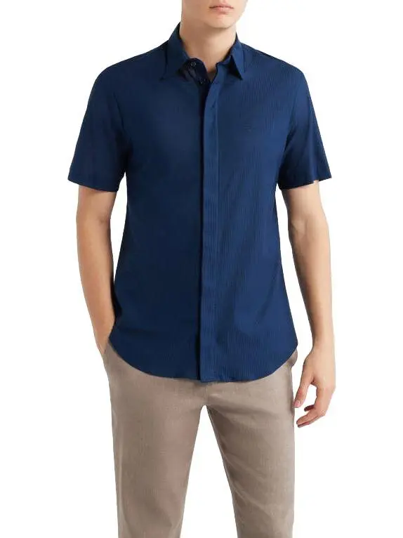 Emporio Armani Textured Stripe Short Sleeve Knit Cotton Button-up Shirt - Solid Blue Navy
