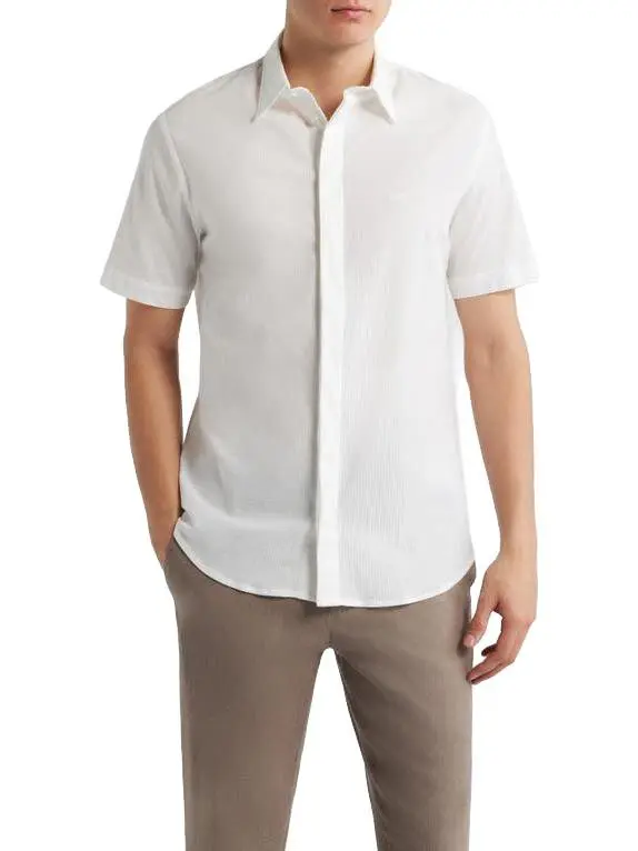 Emporio Armani Textured Stripe Short Sleeve Knit Cotton Button-up Shirt - Solid White