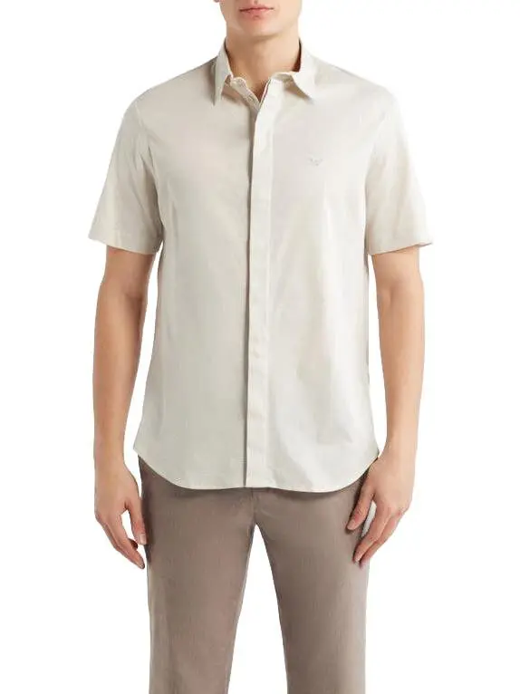 Emporio Armani Textured Stripe Short Sleeve Knit Cotton Button-up Shirt - Tan