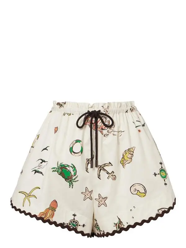 ALEMAIS Alémais Printed Organic Cotton Scalloped Shorts - Beige