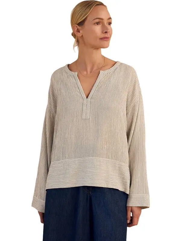 CELTIC & CO. V-neck Relaxed Swing Top - Oatmeal Stripe