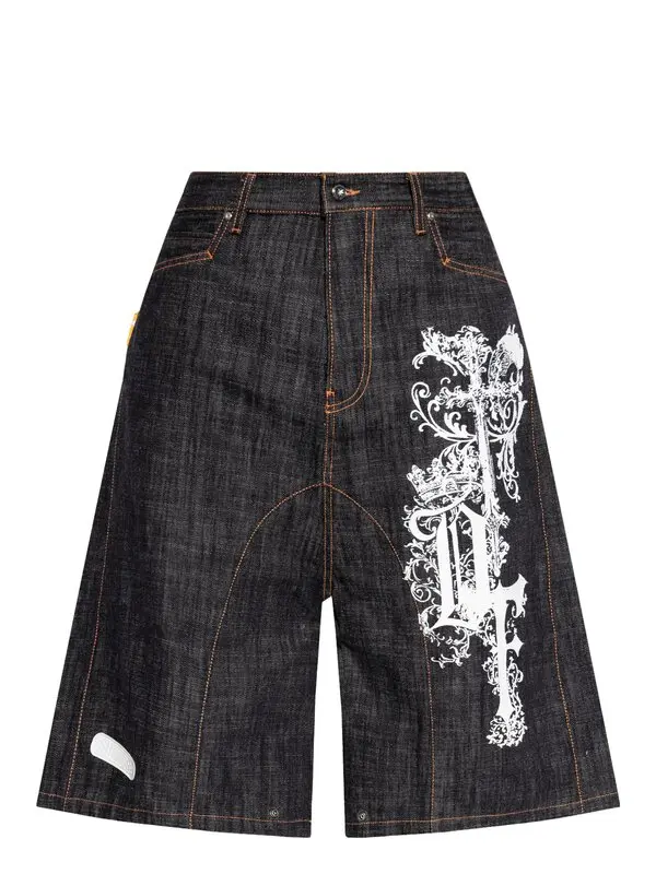 PDF Printed Wide-leg Denim Shorts - Black