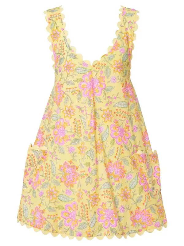 JULIET DUNN Floral Scalloped Cotton Minidress - Yellow