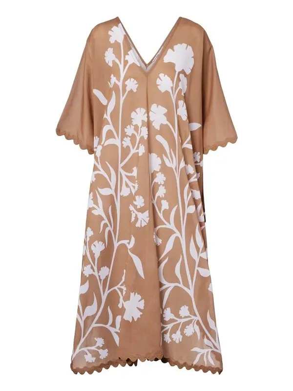 JULIET DUNN Floral Scalloped Cotton Kaftan - Brown