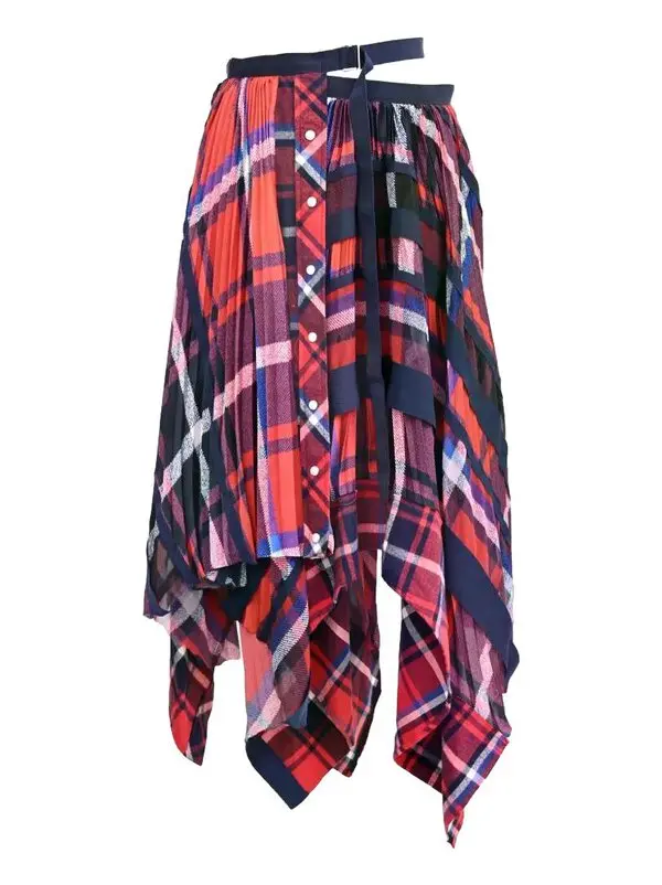 Sacai Plaid Pleated Asymmetric Wrap Skirt - Red