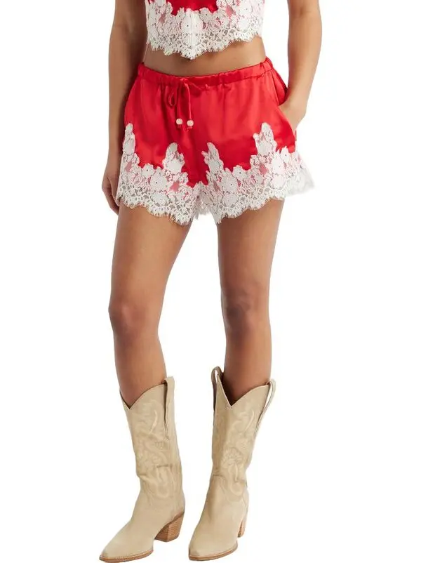 KITTENISH Lace Trim Satin Shorts - Poppy Red