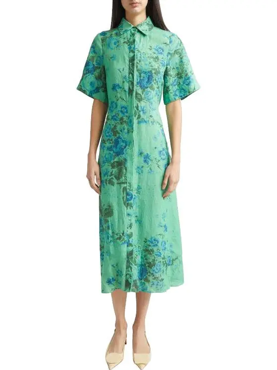 Erdem Floral Print Linen Shirt Dress With Tie Waist - Rose Bouquet Sea Green