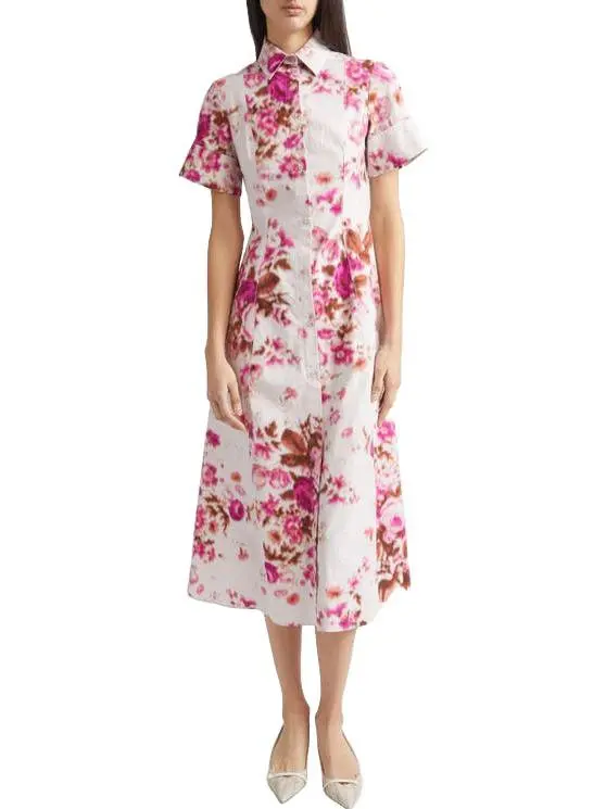 Erdem Floral Print Organic Cotton Poplin Shirt Dress - Rose Bouquet Hot Pink