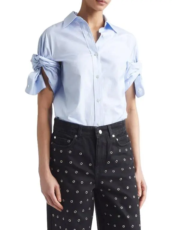 Monse Knotted Sleeve Stripe Cotton Poplin Shirt - Sky Blue