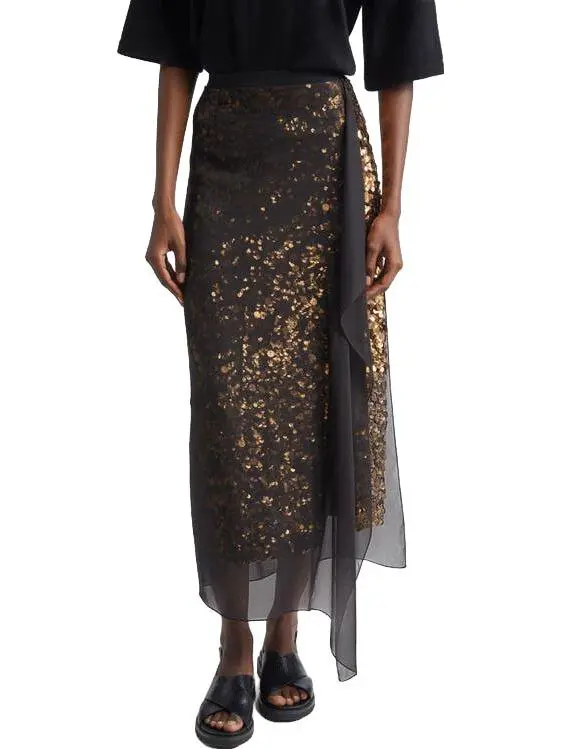 Michael Kors Sequin Embellished Silk Georgette Veiled Wool Crepe Skirt - Black 001