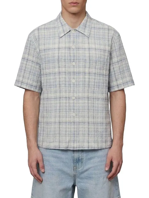 SUNFLOWER Check Cotton And Linen Blend Casual Shirt - Blue
