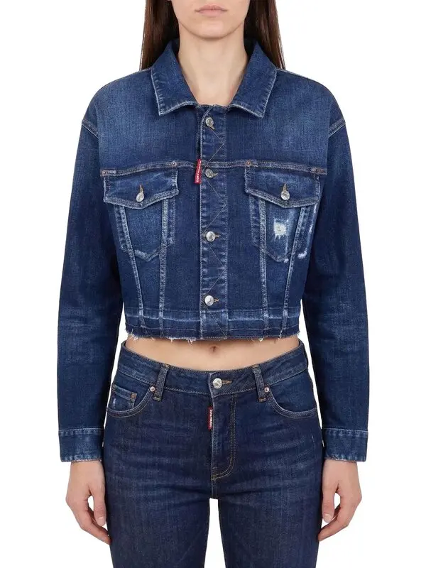 Dsquared2 Cropped Denim Jacket With Classic Collar And Drop Shoulder - Blue