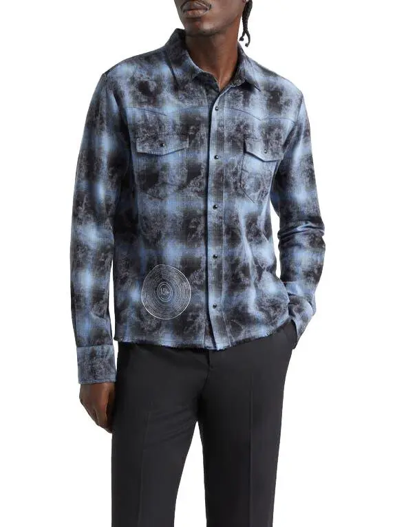 MIDNIGHT RODEO Laurel Canyon Plaid Flannel Graphic Shirt - Overdye Blue