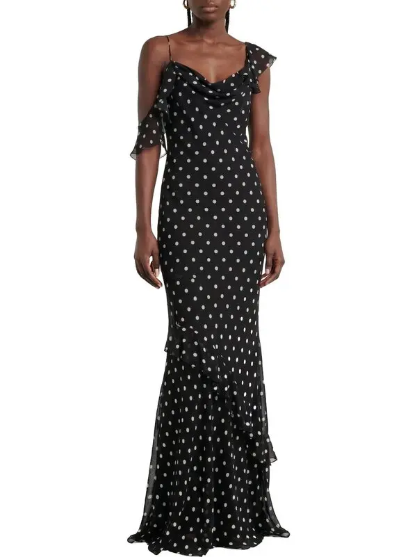 SELF-PORTRAIT Polka Dot Ruffled Maxi Dress - Black