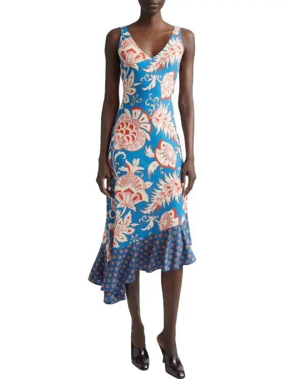 Etro Asymmetric Ruffle Hem Midi Dress - Print On Pale Blue Base