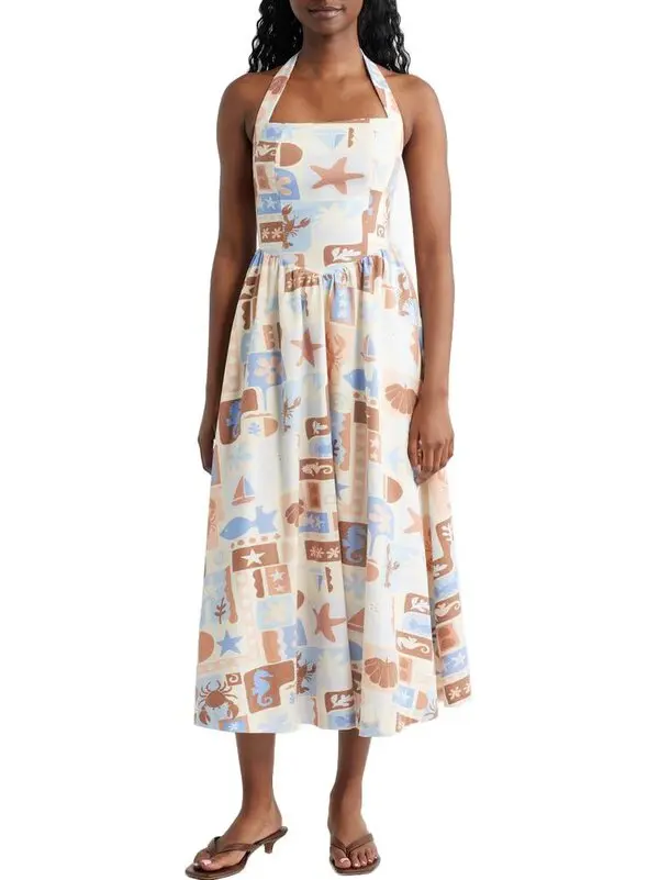 Moon River Printed Halter Midi Sundress - Ivory/blue
