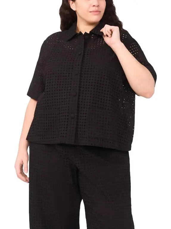 Halogen Eyelet Short Sleeve Button-up Shirt - Rich Black 060
