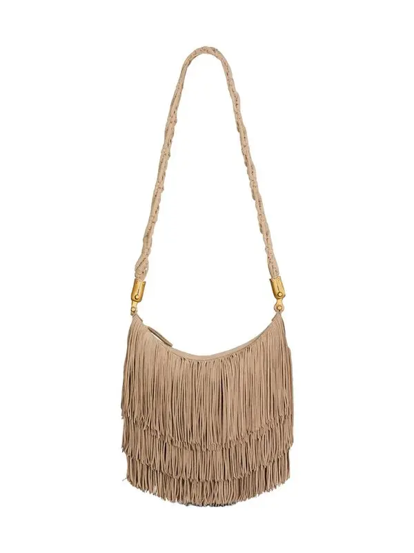 Balmain Ebene Hobo Fringed Suede Bag - Beige