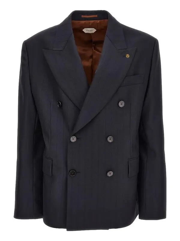 Versace Pinstripe Double-breasted Virgin Wool Blazer - Dark Navy Black