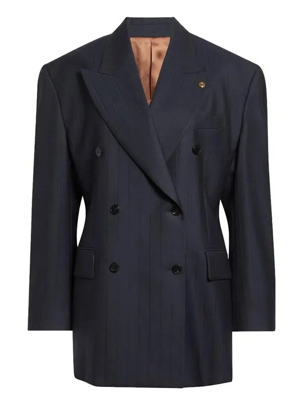 Versace Pinstripe Double-breasted Virgin Wool Blazer - Dark Navy Black