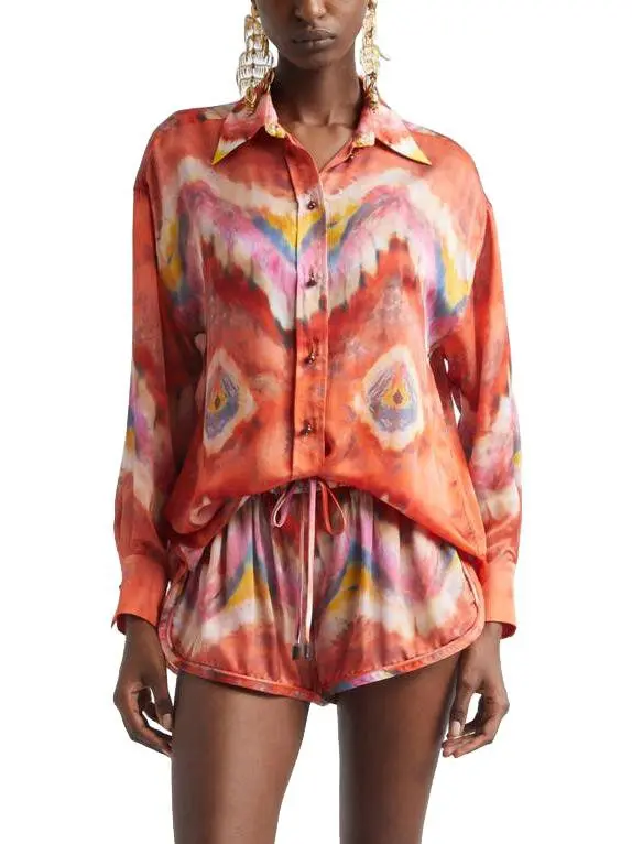 Zimmermann Kindred Spirit Alchemy Relaxed Silk Satin Button-up Shirt - Ruby Tie Dye