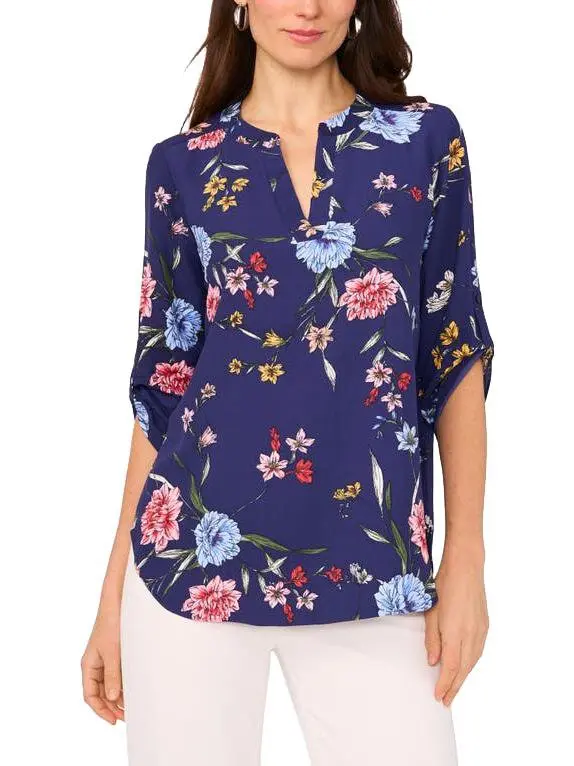 Chaus Floral Print Roll Tab Top - Navy Floral