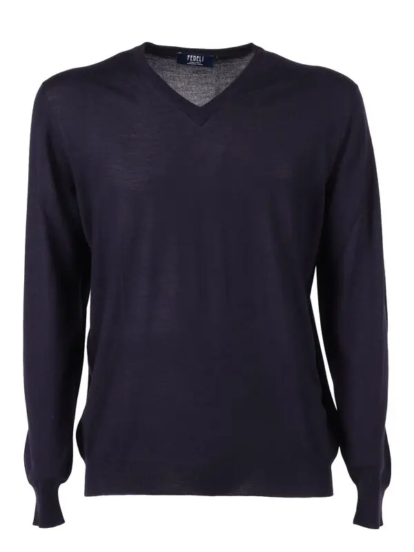 Fedeli Long Sleeve V-neck Knit Sweater - Blu