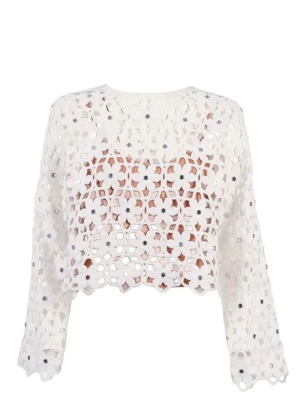 Michael Kors Long Sleeve Crochet Top - White