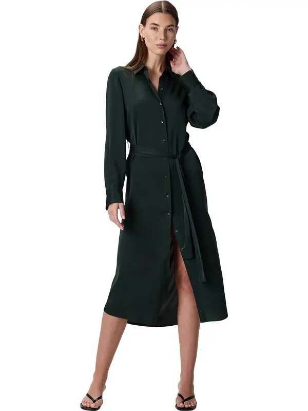 Quince Washable Stretch Silk Maxi Shirt Dress - Forest Green
