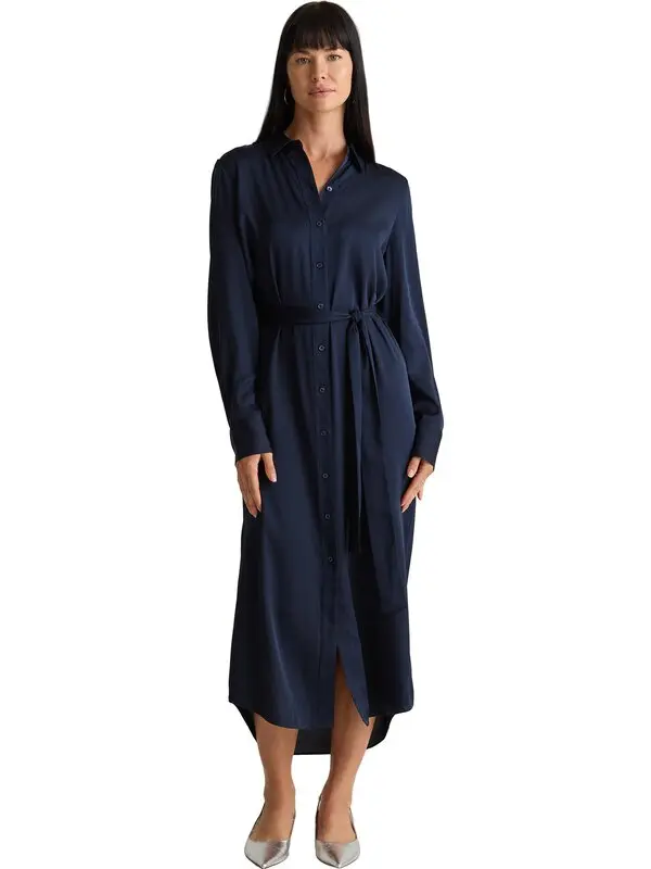 Quince Washable Stretch Silk Maxi Shirt Dress - Navy