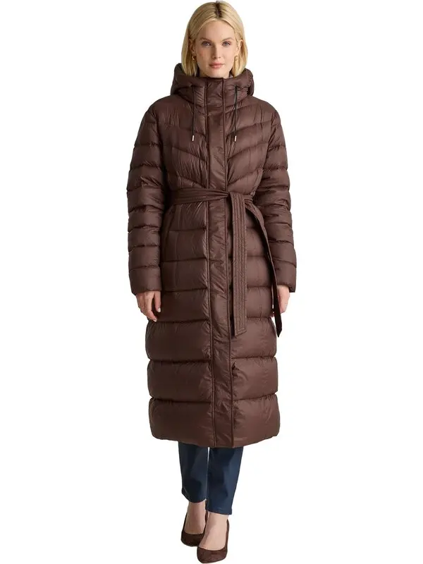 Quince Belted Puffer Maxi Coat - Hot Fudge