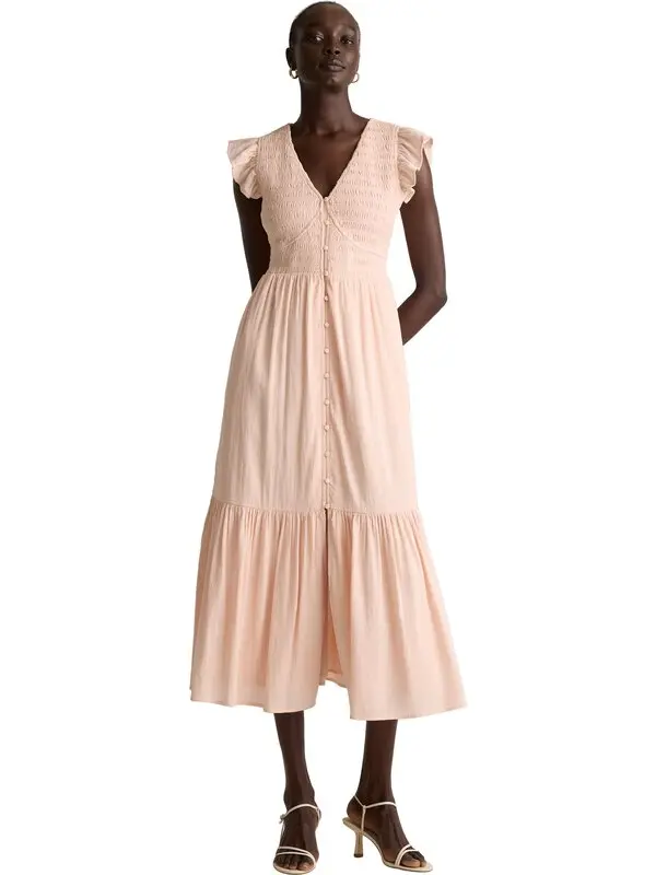 Quince Organic Textured Cotton Smocked V-neck Midi Dress - Ballet Slipper