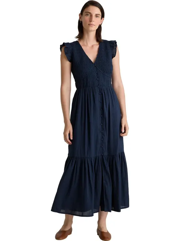 Quince Organic Textured Cotton Smocked V-neck Midi Dress - Navy