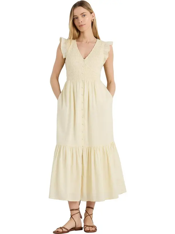 Quince Organic Textured Cotton Smocked V-neck Midi Dress - Pale Custard Yellow