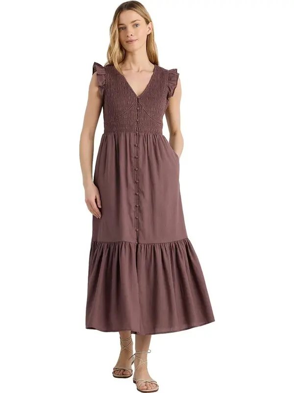 Quince Organic Textured Cotton Smocked V-neck Midi Dress - Taupe Brown
