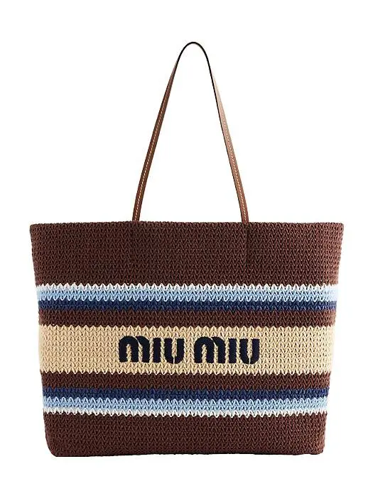 Miu Miu Striped Embroidered-logo Woven Tote Bag - Cacao+celeste+nat.