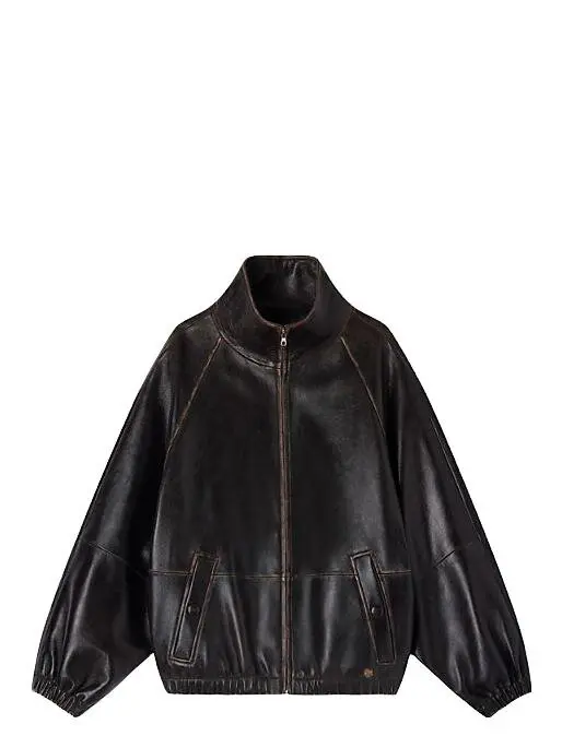 Sandro Distressed Funnel-neck Leather Jacket - Brown