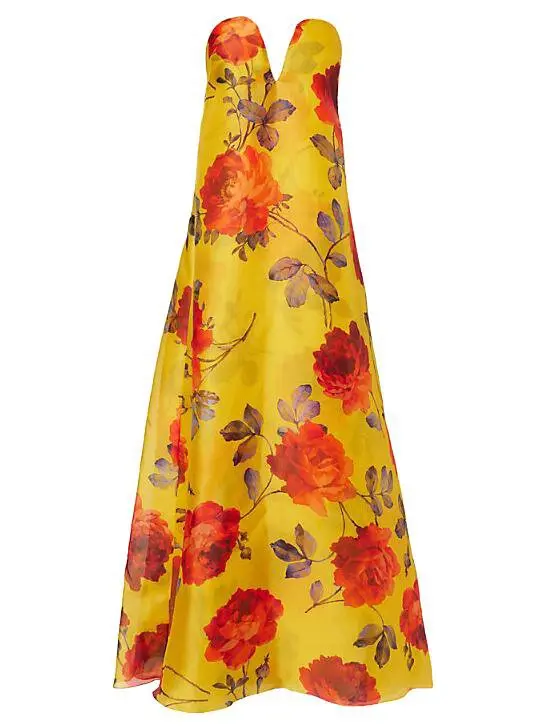 Carolina Herrera Rose-print Deep-v Silk Gown - Saffron Multi