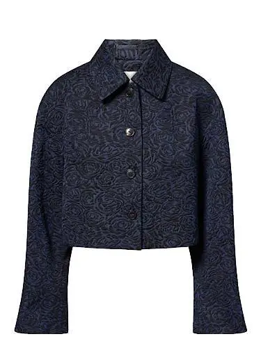 Dries Van Noten Floral-jacquard Cropped Jacket - Navy